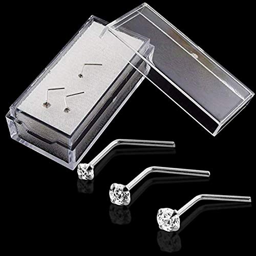 Kuyiuif 3 Piece Pack of 9ct Solid White Gold Claw Set CZ Crystal Stone 22 Gauge L Shape Nose Stud