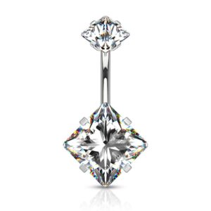 pierced owl 14ga stainless steel internally threaded double square cz crystal prong set belly button ring (silver tone/clear)