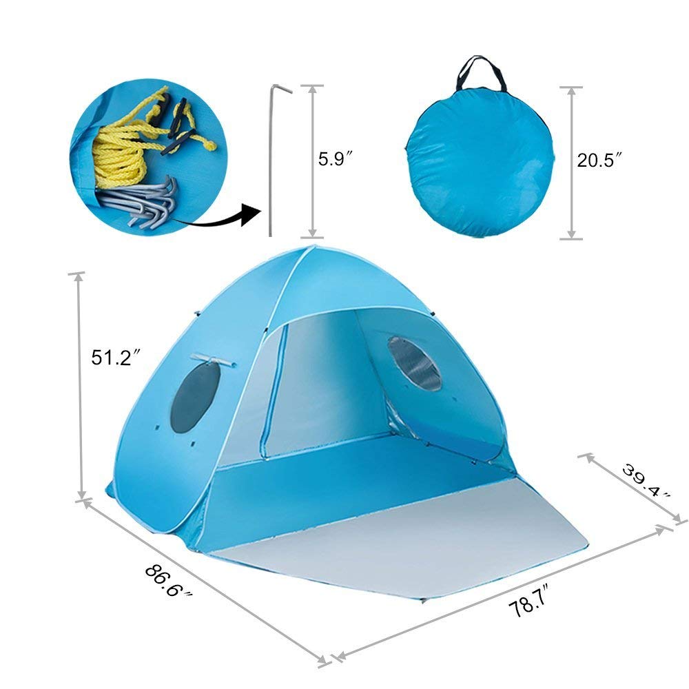 Extra Large Beach Tent Sun Shade Shelter Pop Up Instant Portable Outdoors 3-4 Person Beach Cabana Sets Up in Seconds, Blue, 78.7" L X 47.2" W X 51.2" H