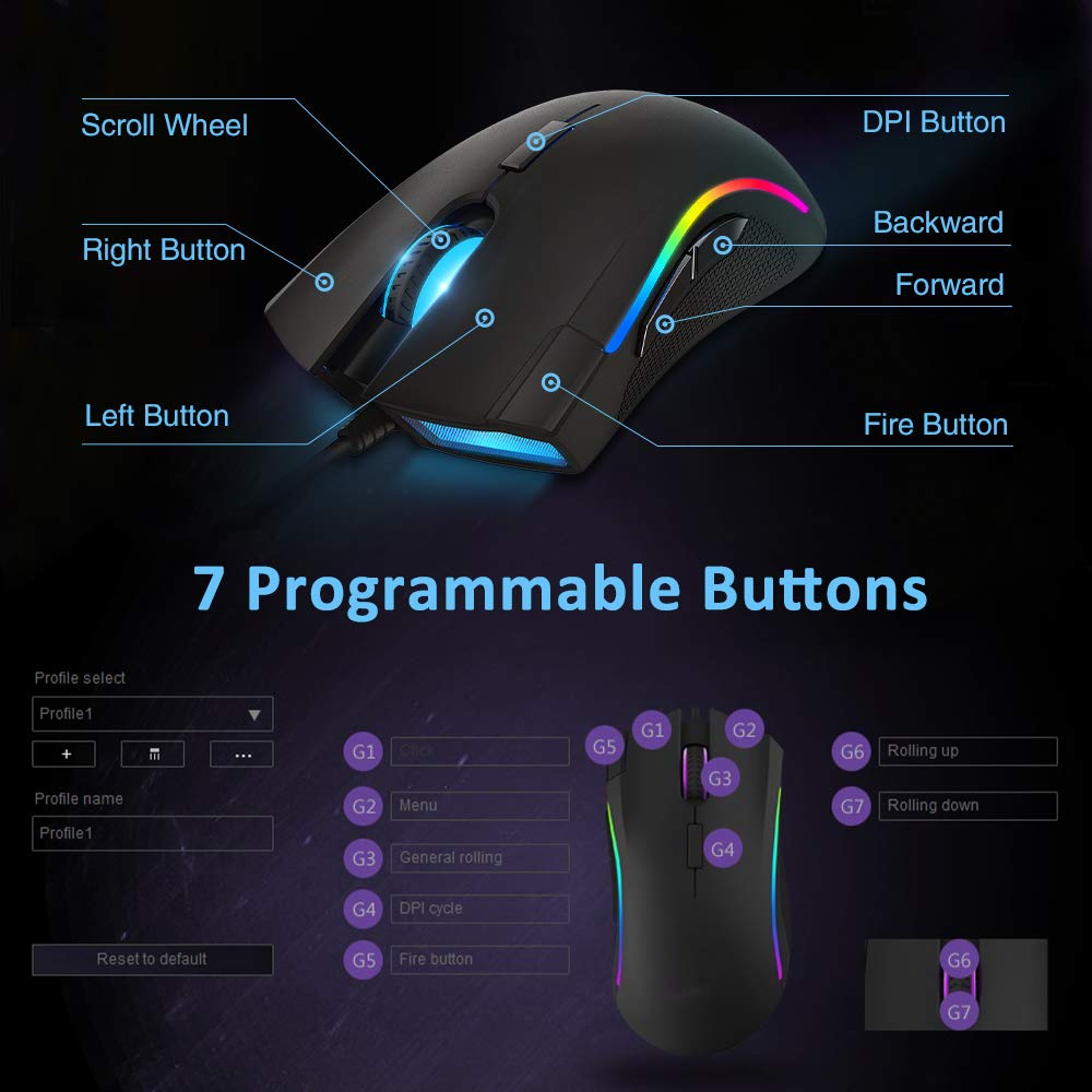 DeLUX Wired RGB Gaming Mouse - 24000 DPI, 7 Programmable Buttons, On-Board Pro Game Software - Ergonomic Mouse for PC, Laptop (M625BU(3360)-Black)