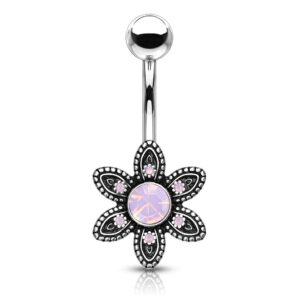 amelia fashion 14 gauge antique pink opalite crystal paved flower belly button/navel ring 316l surgical steel (antique silver & pink)