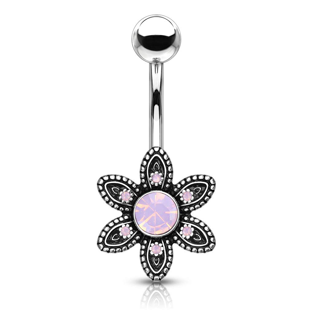 Amelia Fashion 14 Gauge Antique Pink Opalite Crystal Paved Flower Belly Button/Navel Ring 316L Surgical Steel (Antique Silver & Pink)