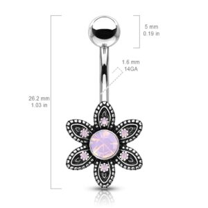 Amelia Fashion 14 Gauge Antique Pink Opalite Crystal Paved Flower Belly Button/Navel Ring 316L Surgical Steel (Antique Silver & Pink)