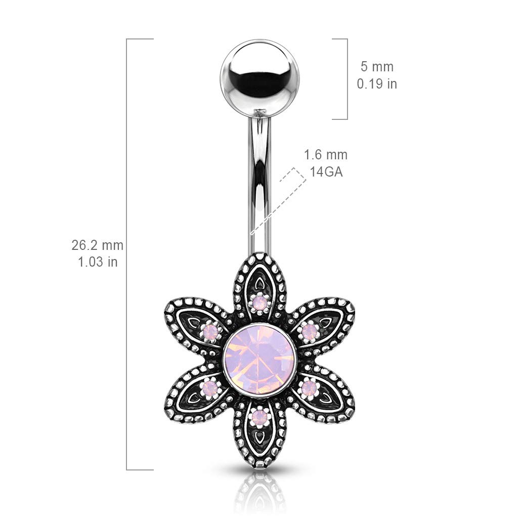 Amelia Fashion 14 Gauge Antique Pink Opalite Crystal Paved Flower Belly Button/Navel Ring 316L Surgical Steel (Antique Silver & Pink)