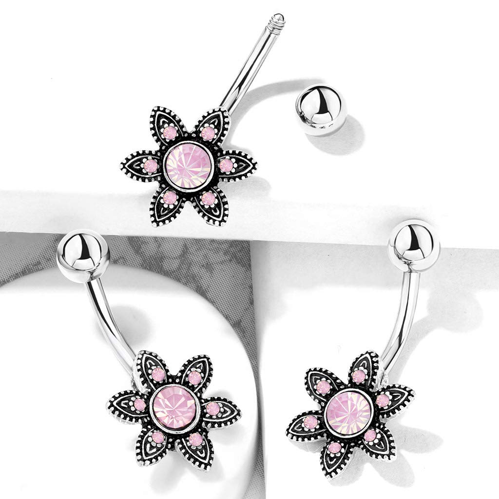 Amelia Fashion 14 Gauge Antique Pink Opalite Crystal Paved Flower Belly Button/Navel Ring 316L Surgical Steel (Antique Silver & Pink)