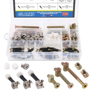 glarks 125pcs 3-in-1 furniture connecting hardware set, hex socket cap furniture barrel screws bolt nuts & cam fitting & pre-inserted nut & eccentric wheel for crib, wardrobe splicing, cabinet drawer