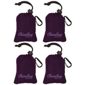 chicobag original compact reusable grocery bag w/attached pouch and carabiner clip | perfect for shopping, travel, organization | eco-conscious packable tote | purple (pack of 4)