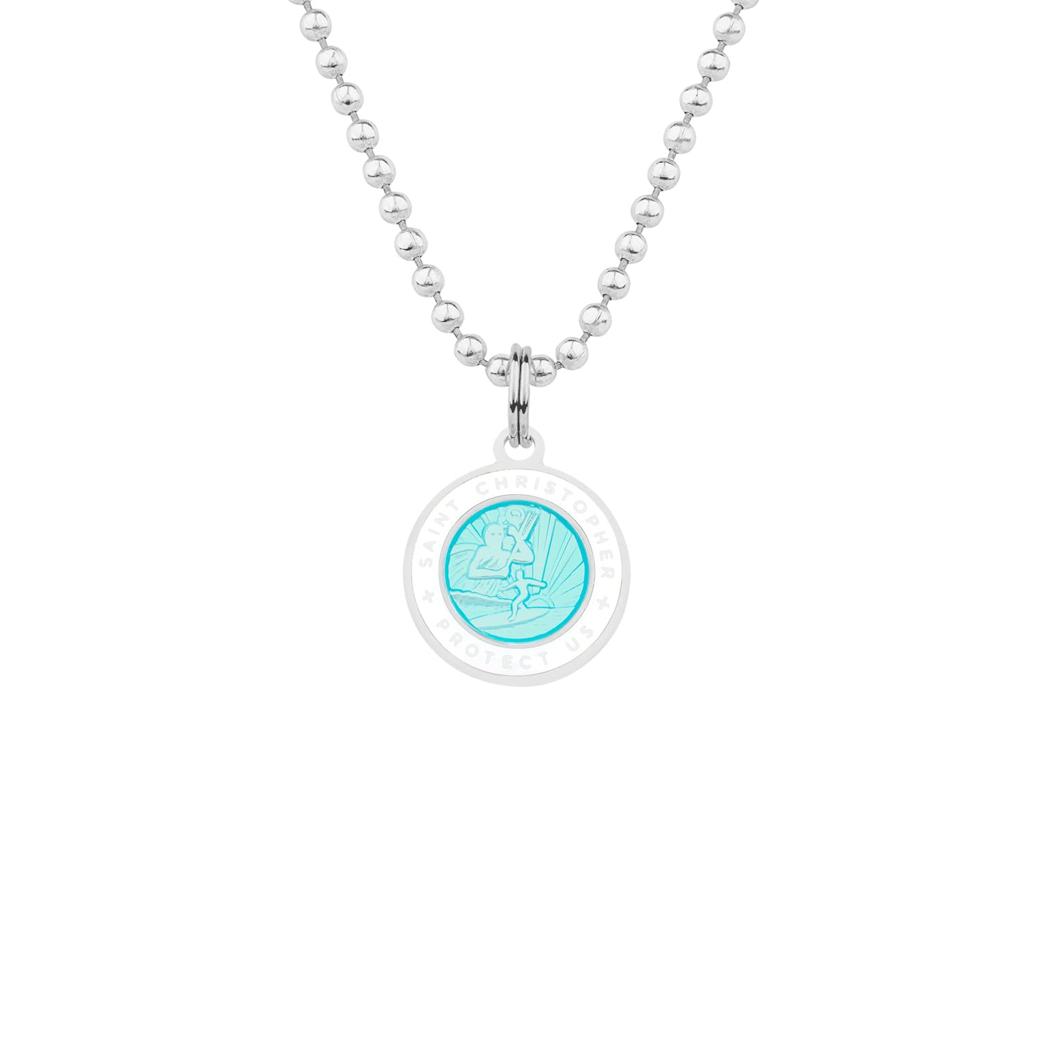 Get Back Necklaces St. Christopher Surf Necklace | Small, ½” Silver Plated Medallion, 18” Aluminum Ball Chain (Aqua White)