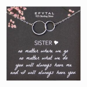 efytal sister necklaces, 925 sterling silver 2 circle necklace for women, sister necklace gifts from sister, gifts for sisters from sisters, sister birthday gifts from sister