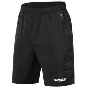 souke sports men's workout running shorts quick dry athletic performance shorts black liner zip pockets