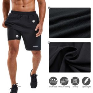 Souke Sports Men's Workout Running Shorts Quick Dry Athletic Performance Shorts Black Liner Zip Pockets