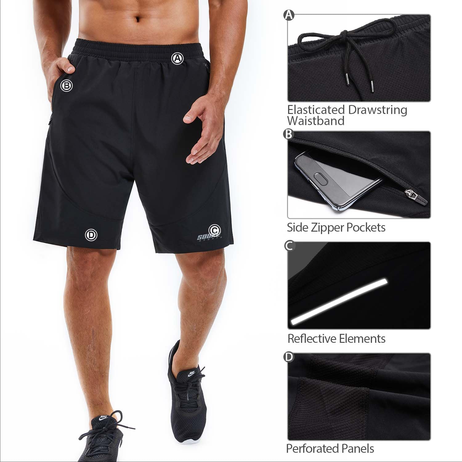 Souke Sports Men's Workout Running Shorts Quick Dry Athletic Performance Shorts Black Liner Zip Pockets