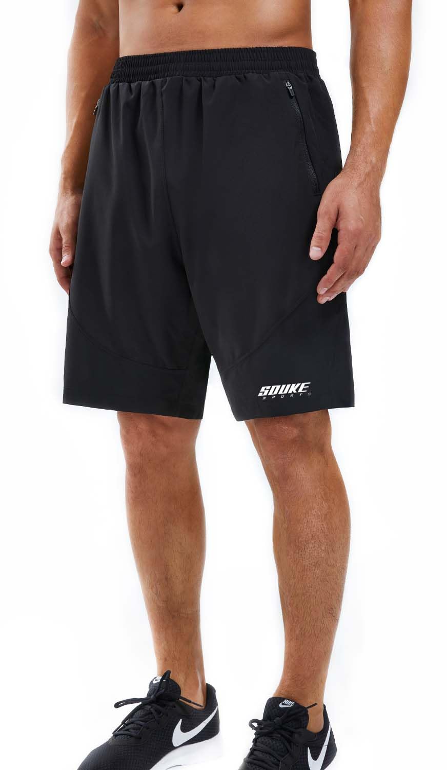 Souke Sports Men's Workout Running Shorts Quick Dry Athletic Performance Shorts Black Liner Zip Pockets