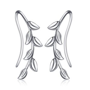 ear climber crawler cuff sterling silver leaf earrings for women,wrap earrings hypoallergenic (leaf earrings)