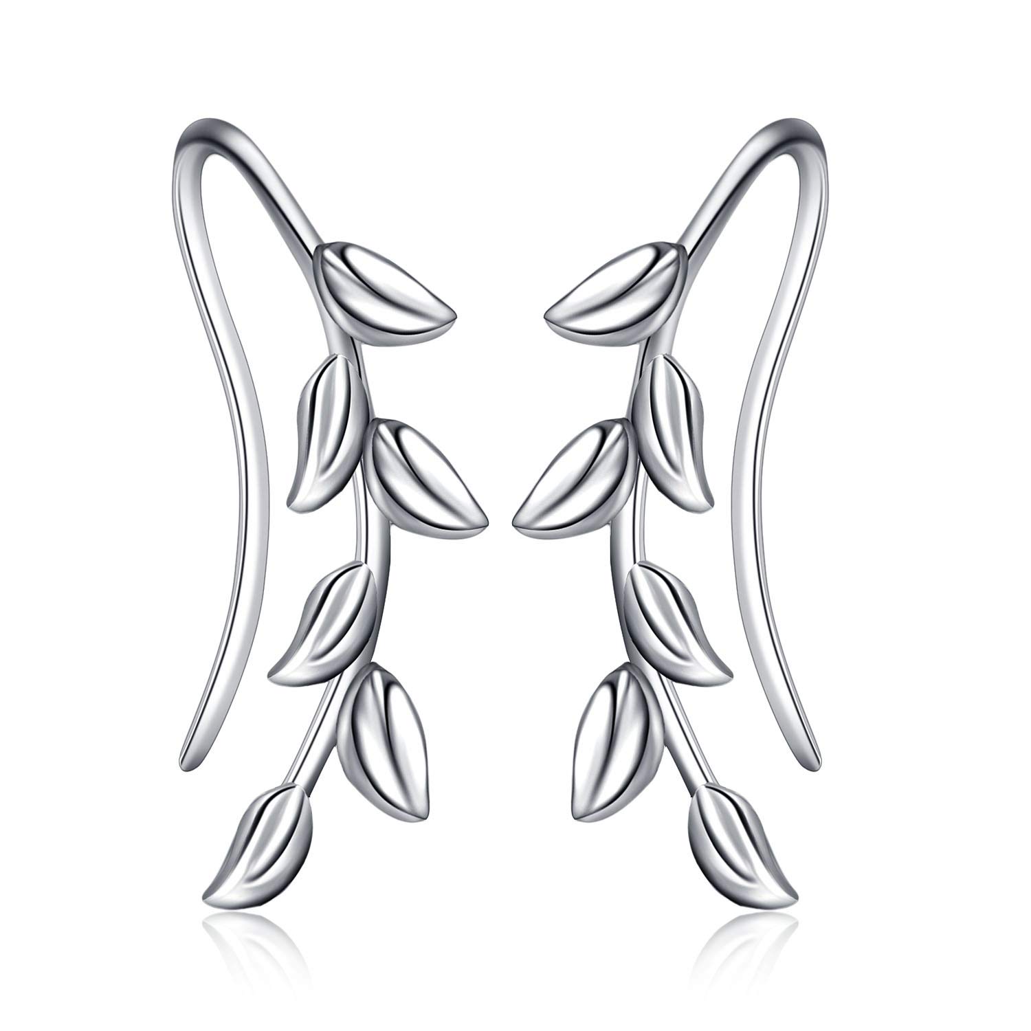 Ear Climber Crawler Cuff Sterling Silver Leaf Earrings for Women,Wrap Earrings Hypoallergenic (leaf earrings)