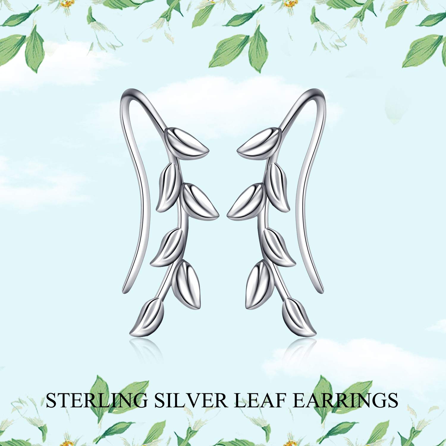 Ear Climber Crawler Cuff Sterling Silver Leaf Earrings for Women,Wrap Earrings Hypoallergenic (leaf earrings)