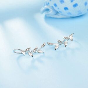 Ear Climber Crawler Cuff Sterling Silver Leaf Earrings for Women,Wrap Earrings Hypoallergenic (leaf earrings)