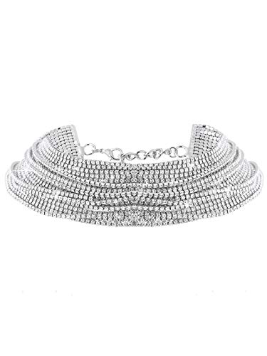 Nicute Layered Rhinestone Choker Sparkly Crystal Necklace Diamond Statement Necklace Jewelry for Women (Silver)