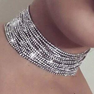 Nicute Layered Rhinestone Choker Sparkly Crystal Necklace Diamond Statement Necklace Jewelry for Women (Silver)