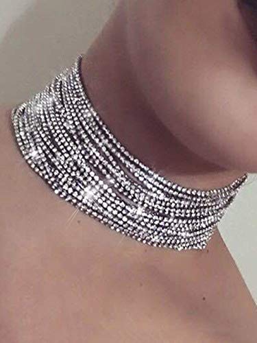 Nicute Layered Rhinestone Choker Sparkly Crystal Necklace Diamond Statement Necklace Jewelry for Women (Silver)