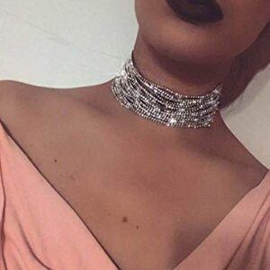 Nicute Layered Rhinestone Choker Sparkly Crystal Necklace Diamond Statement Necklace Jewelry for Women (Silver)