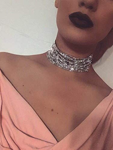 Nicute Layered Rhinestone Choker Sparkly Crystal Necklace Diamond Statement Necklace Jewelry for Women (Silver)