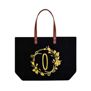 elegantpark personalized birthday gifts for women mom friend sister teacher appreciation gifts monogrammed gifts initial tote bag present bag black canvas tote bag with pocket gold letter o