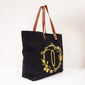 ELEGANTPARK Personalized Birthday Gifts for Women Mom Friend Sister Teacher Appreciation Gifts Monogrammed Gifts Initial Tote Bag Present Bag Black Canvas Tote Bag with Pocket Gold Letter O