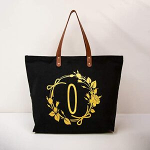 ELEGANTPARK Personalized Birthday Gifts for Women Mom Friend Sister Teacher Appreciation Gifts Monogrammed Gifts Initial Tote Bag Present Bag Black Canvas Tote Bag with Pocket Gold Letter O