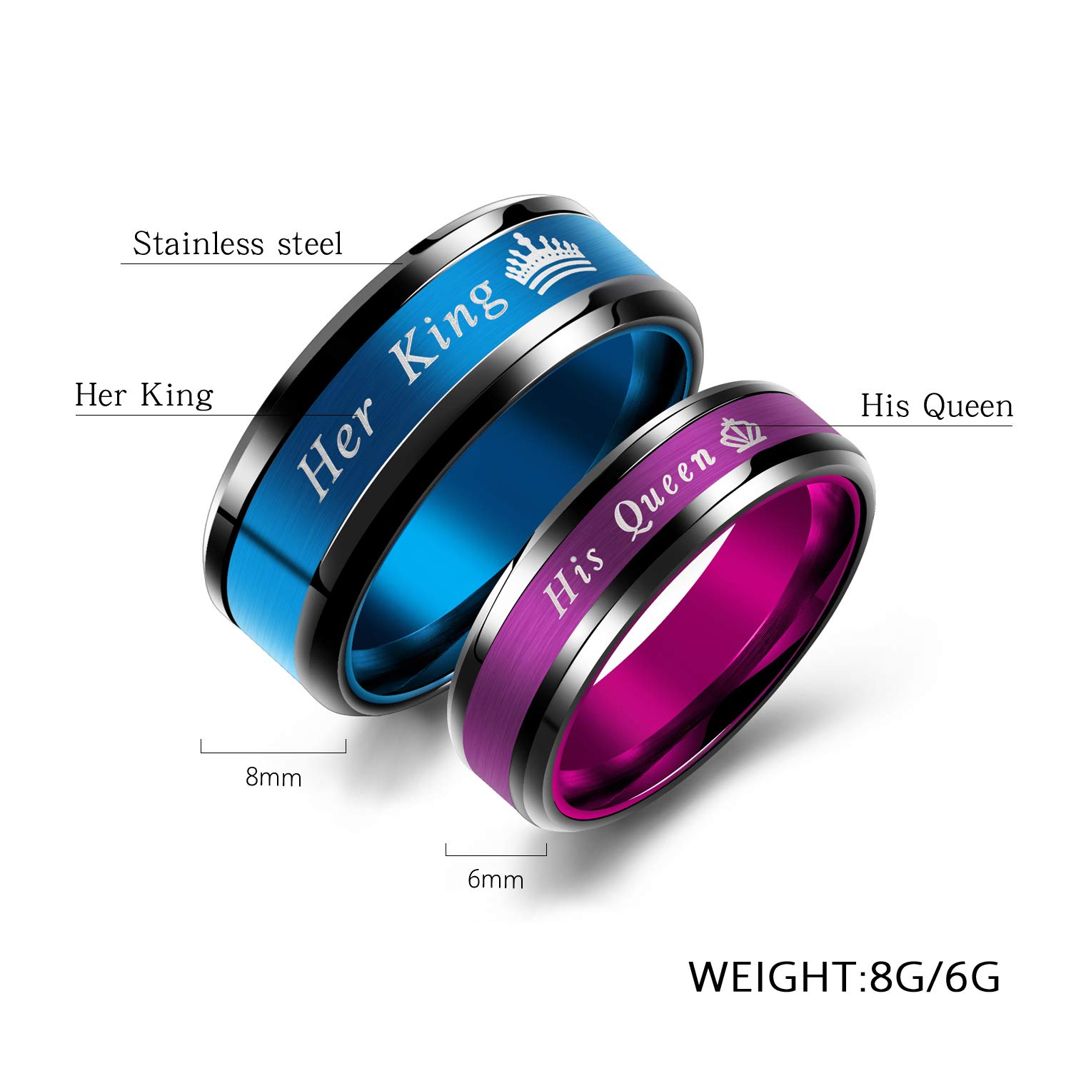 Iflytree 2pcs King and Queen Rings Wedding Engagement Anniversary Band His Hers Couples Ring Stainless Steel Matching Ring Sets for Him and Her (Men Sise 10 & Women 6)