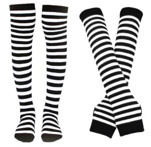 bienvenu women stretch striped socks knee high stockings long arm warmer fingerless mitten gloves,white