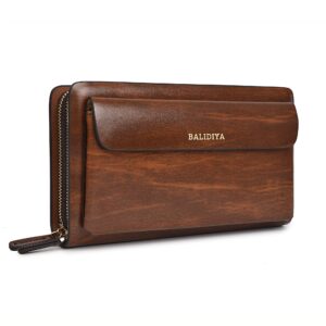 balidiya men clutch purse bag leather wallet card holder business 2 zipper brown