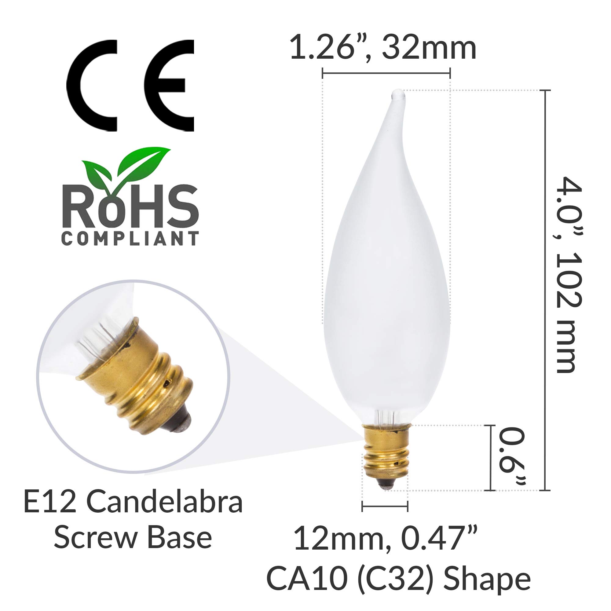 Simba Lighting Candelabra Flame Tip Frosted CA10 40W E12 Base (12 Pack) Decorative Incandescent Light Bulbs 120V for Chandeliers, Ceiling Fan Lights, Pendants, Wall Sconces, Dimmable, Warm White 2700K