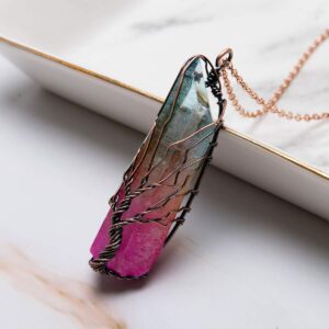 Bivei Life Tree Copper Wire Wrapped Natural Quartz Necklace Reiki Healing Crystal Point Chakra Pendant Jewelry Gift for Women(Bronze Titanium Coated Multi Color #1