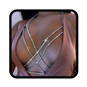 nicute rhinestone body chain jewelry silver crystal bra chain sparkly bikini beach chest chain for women (silver)