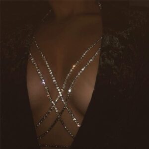 Nicute Rhinestone Body Chain Jewelry Silver Crystal Bra Chain Sparkly Bikini Beach Chest Chain for Women (Silver)