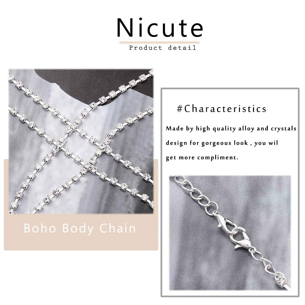 Nicute Rhinestone Body Chain Jewelry Silver Crystal Bra Chain Sparkly Bikini Beach Chest Chain for Women (Silver)