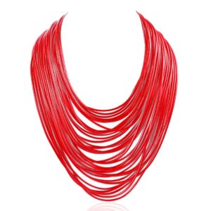 yuhuan necklace women fashion bib choker 36 layers wax line collar statement jewelry (red)