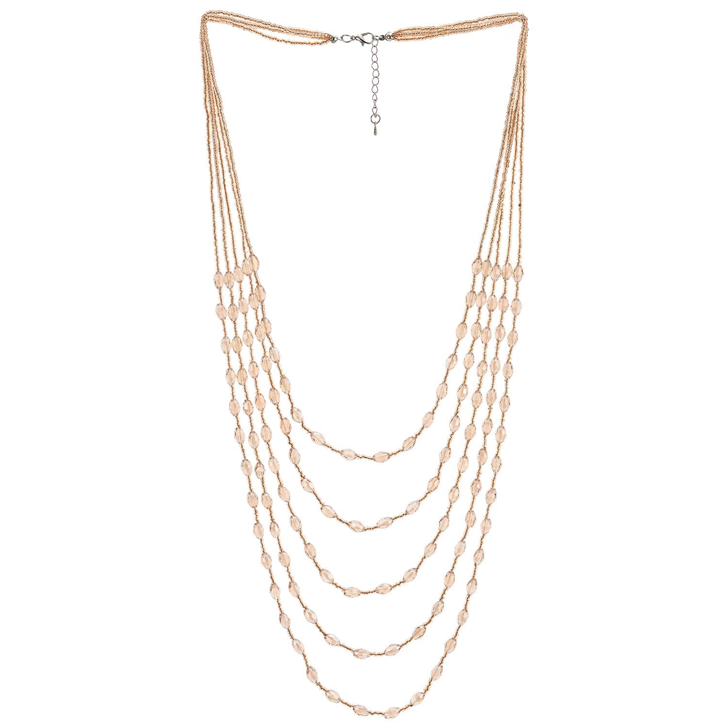 COOLSTEELANDBEYOND Champagne Gold Oval Beads Statement Necklace Multi-Strand Long Chains with Crystal Charm Pendant