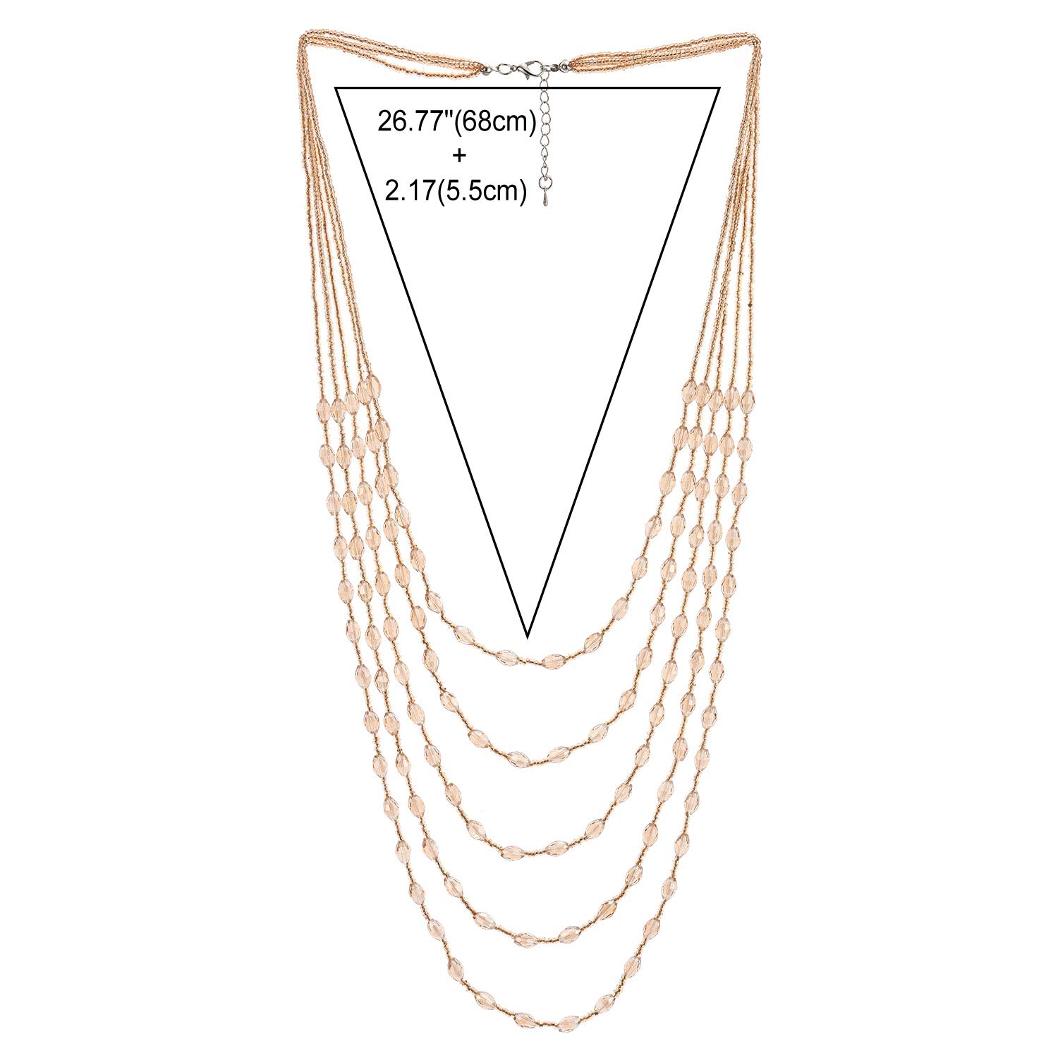 COOLSTEELANDBEYOND Champagne Gold Oval Beads Statement Necklace Multi-Strand Long Chains with Crystal Charm Pendant