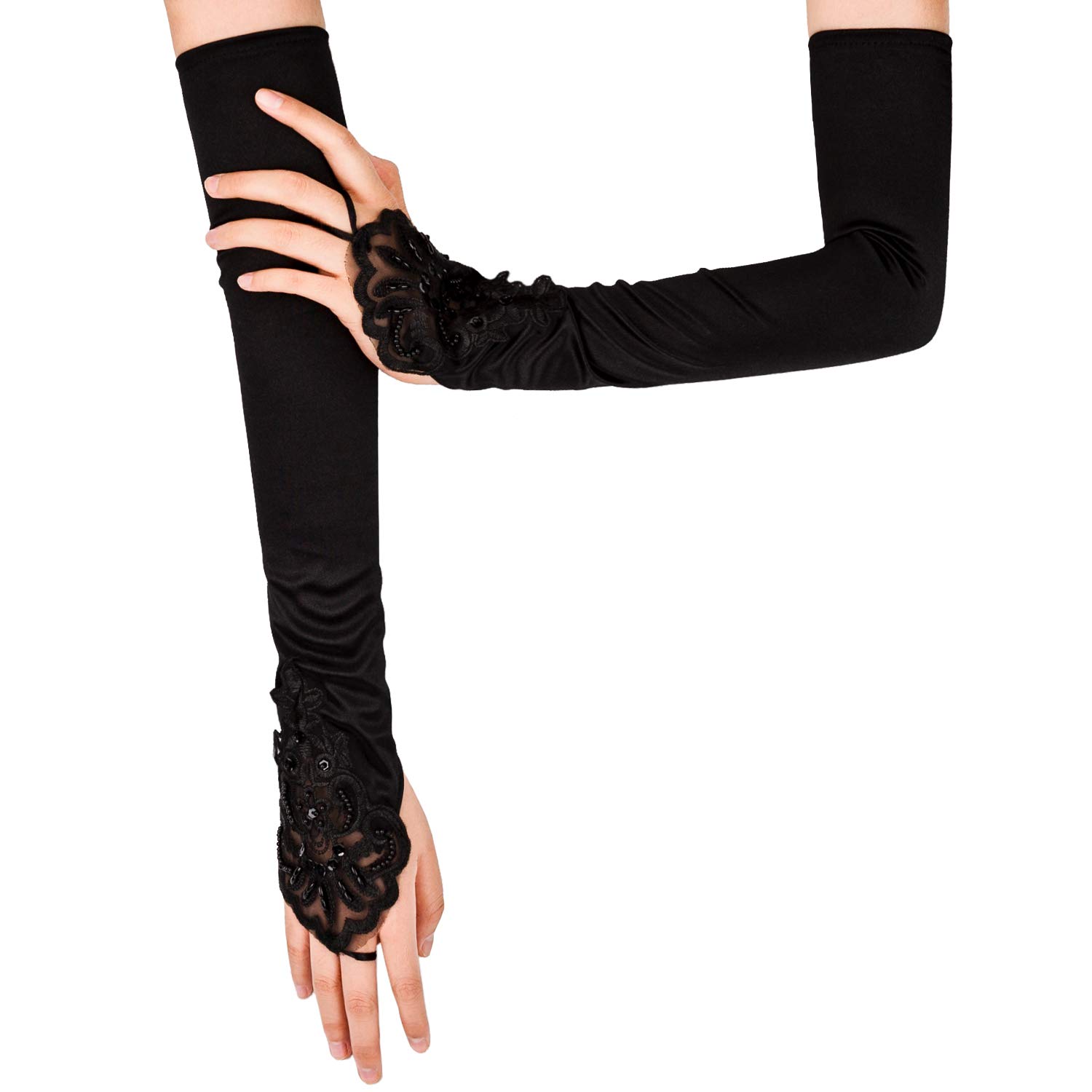 SAVITA Fingerless Long Gloves Pierced Elbow Length Satin Gloves 19 Inches Stretchy Opera Evening Party 1920s Gloves for Women