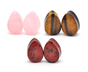 mystic metals body jewelry set of 3 pairs teardrop stone plugs - tiger eye, mahogany obsidian, rose quartz (3/4" (19mm))