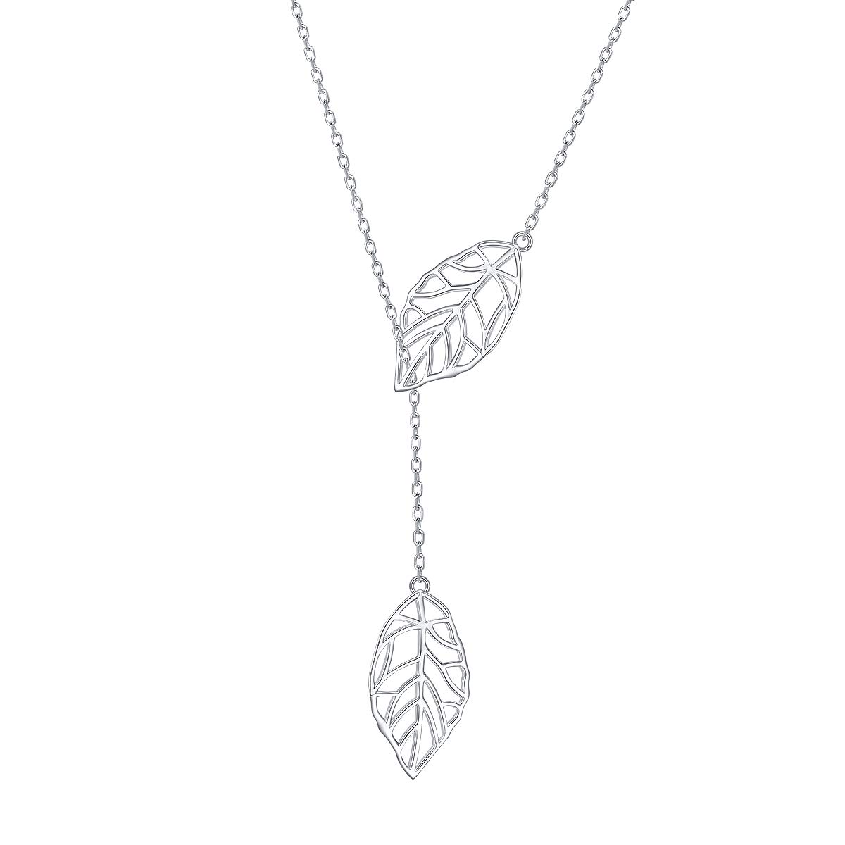 DAOCHONG Long Necklace Sterling Silver Leaf Larait Bar Y Lariat Long Chain Drop Adjustable Necklace for Her, 30"