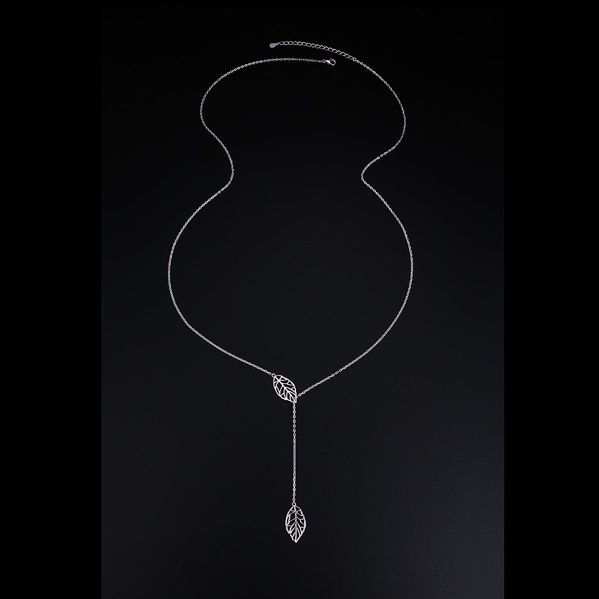 DAOCHONG Long Necklace Sterling Silver Leaf Larait Bar Y Lariat Long Chain Drop Adjustable Necklace for Her, 30"