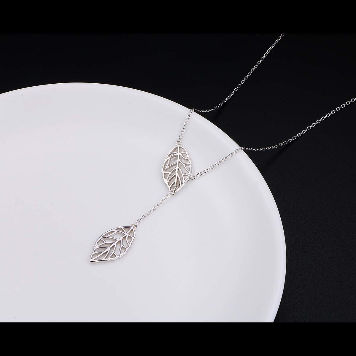 DAOCHONG Long Necklace Sterling Silver Leaf Larait Bar Y Lariat Long Chain Drop Adjustable Necklace for Her, 30"