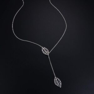 DAOCHONG Long Necklace Sterling Silver Leaf Larait Bar Y Lariat Long Chain Drop Adjustable Necklace for Her, 30"