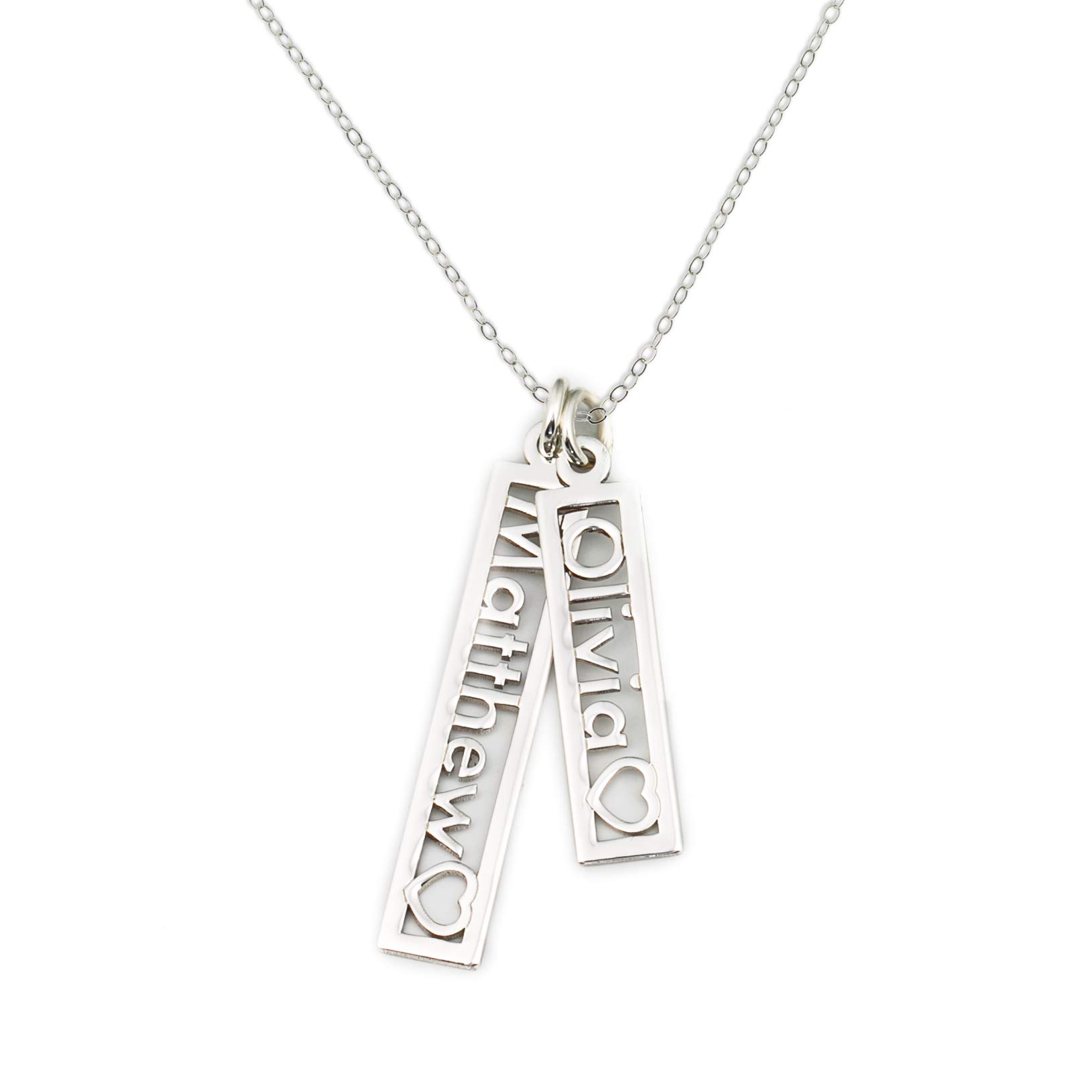 Personalized Double Open Name With Heart Cut Out Rectangle Sterling Silver Charm Necklace. Customize two rectangle charms. Choice of Sterling Silver Chain. Shiny, elegant, classy. Gift for Her