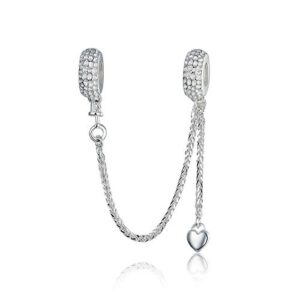 heart safety chain charm 925 sterling silver beads fit pandora charms bracelet & necklace (white safety chain)