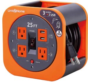 link2home cord reel 25 ft. extension cord 4 power outlets, 2 usb ports, 2.4a fast charge – 16 awg sjt cable.