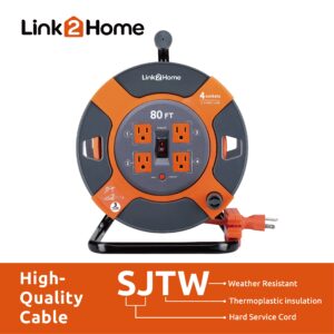 Link2Home Cord Reel 80 ft. Extension Cord 4 Power Outlets – 14 AWG SJTW Cable. Heavy Duty High Visibility Power Cord.